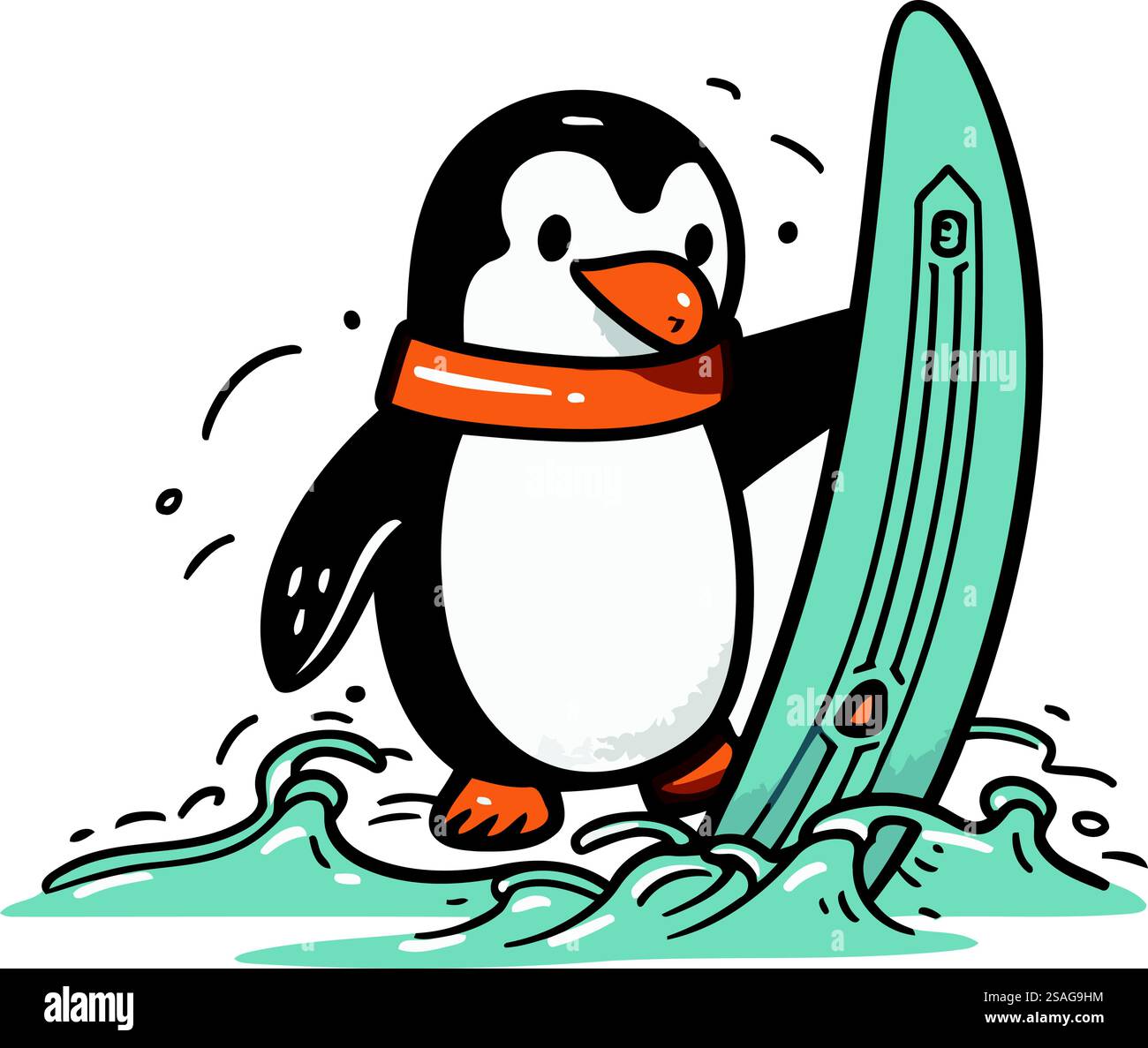 Cute penguin with surfboard on the wave. Vector illustration Stock ...