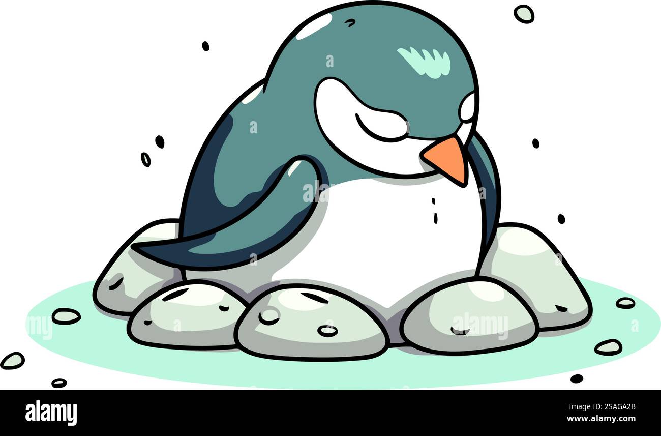 Cute penguin sitting on a rock. Vector cartoon illustration Stock ...