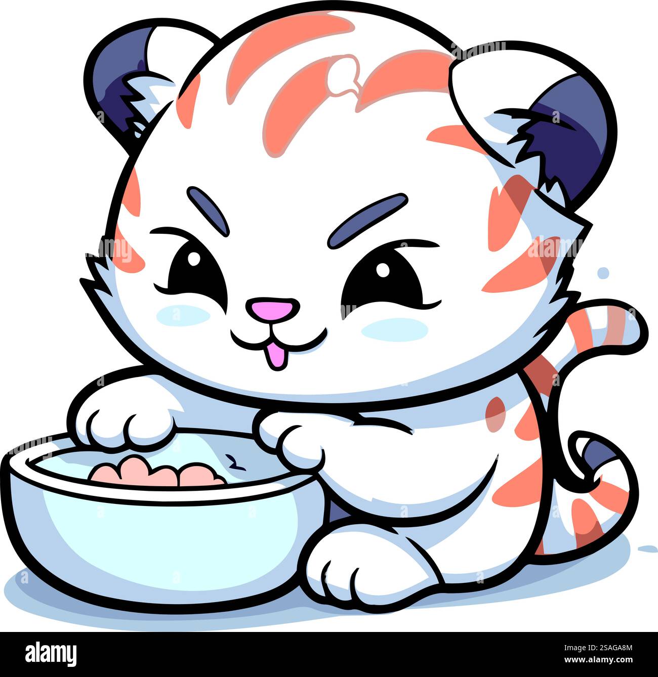 Cute little tiger eating from a bowl of food. Vector illustration Stock ...