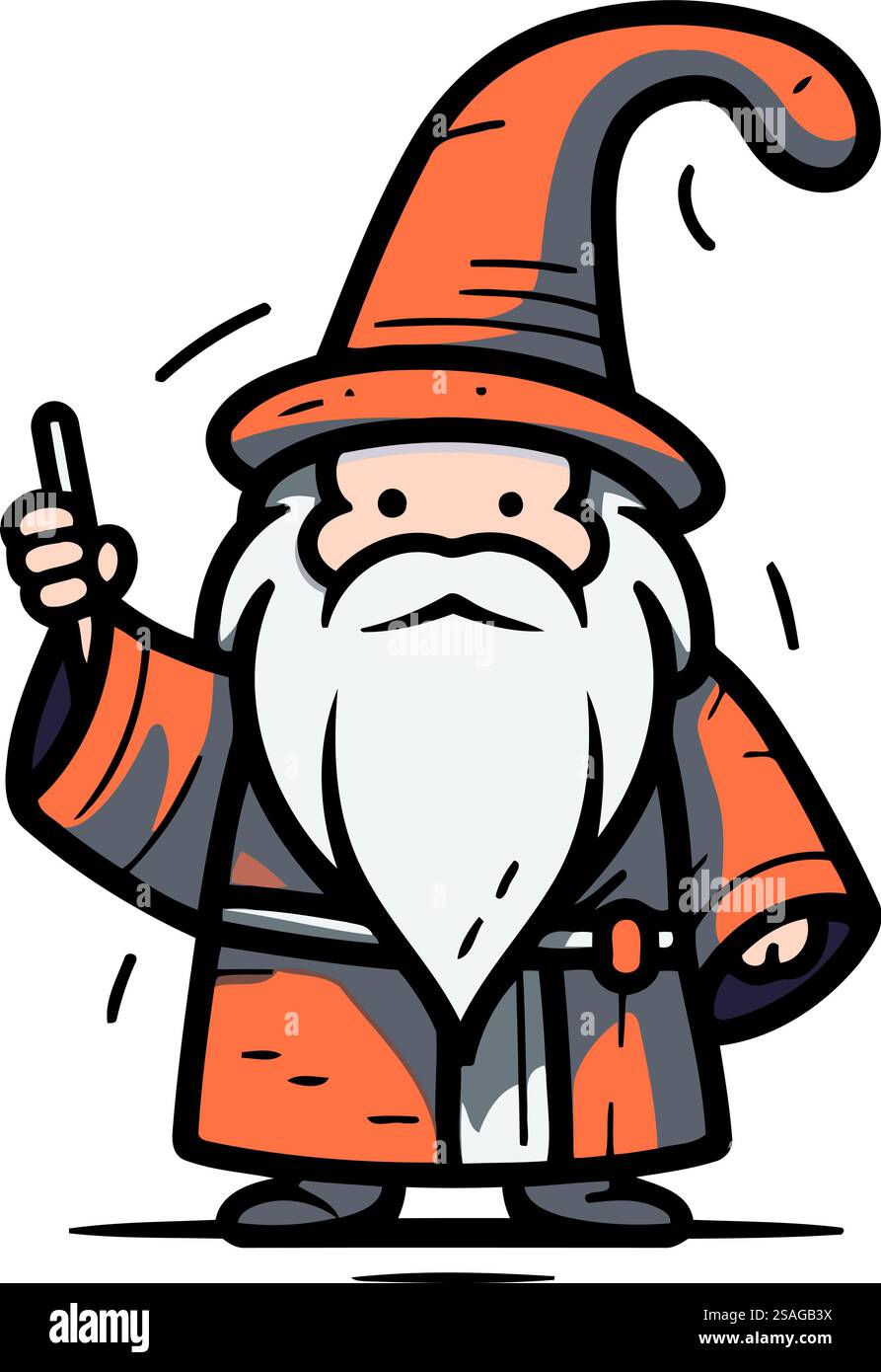 Cartoon wizard with a magic wand. Vector illustration isolated on white ...