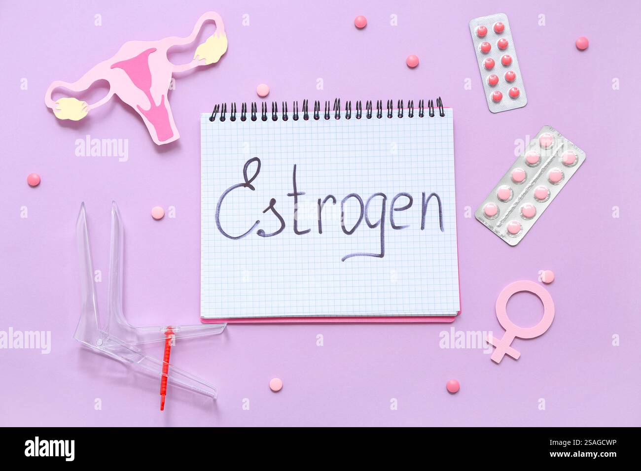 Notebook with word ESTROGEN, gynecological speculum, hormonal pills ...