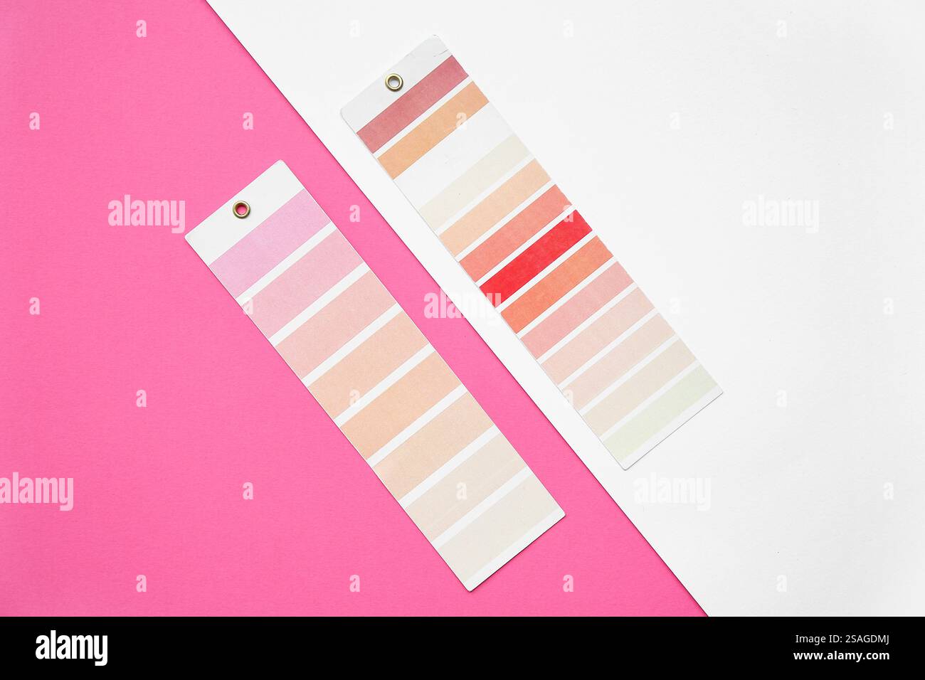 Paint color palettes on pink and white background Stock Photo - Alamy