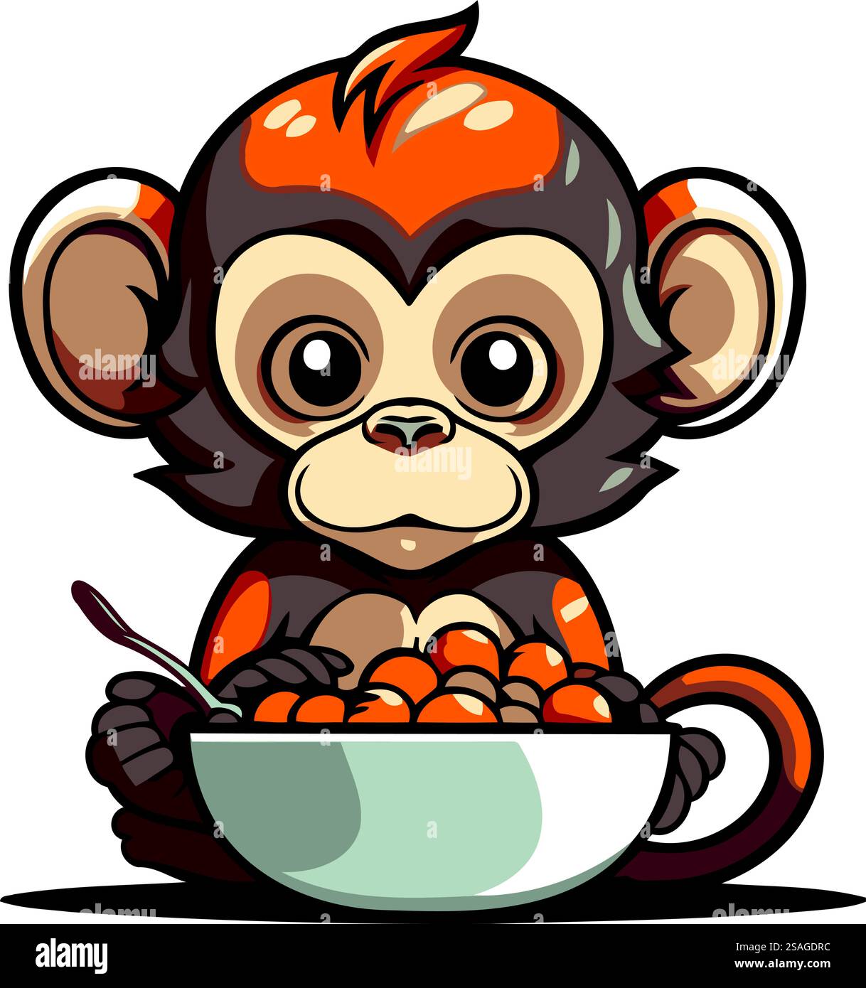 Cute cartoon monkey sitting in a bowl of food. Vector illustration ...