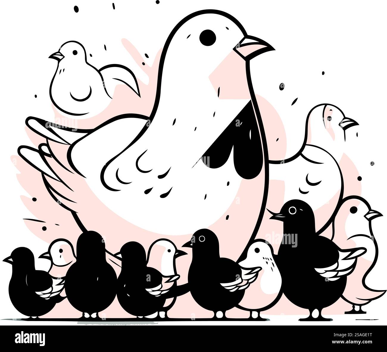 Pigeons and chicks. Cute cartoon vector illustration. Hand drawn style ...