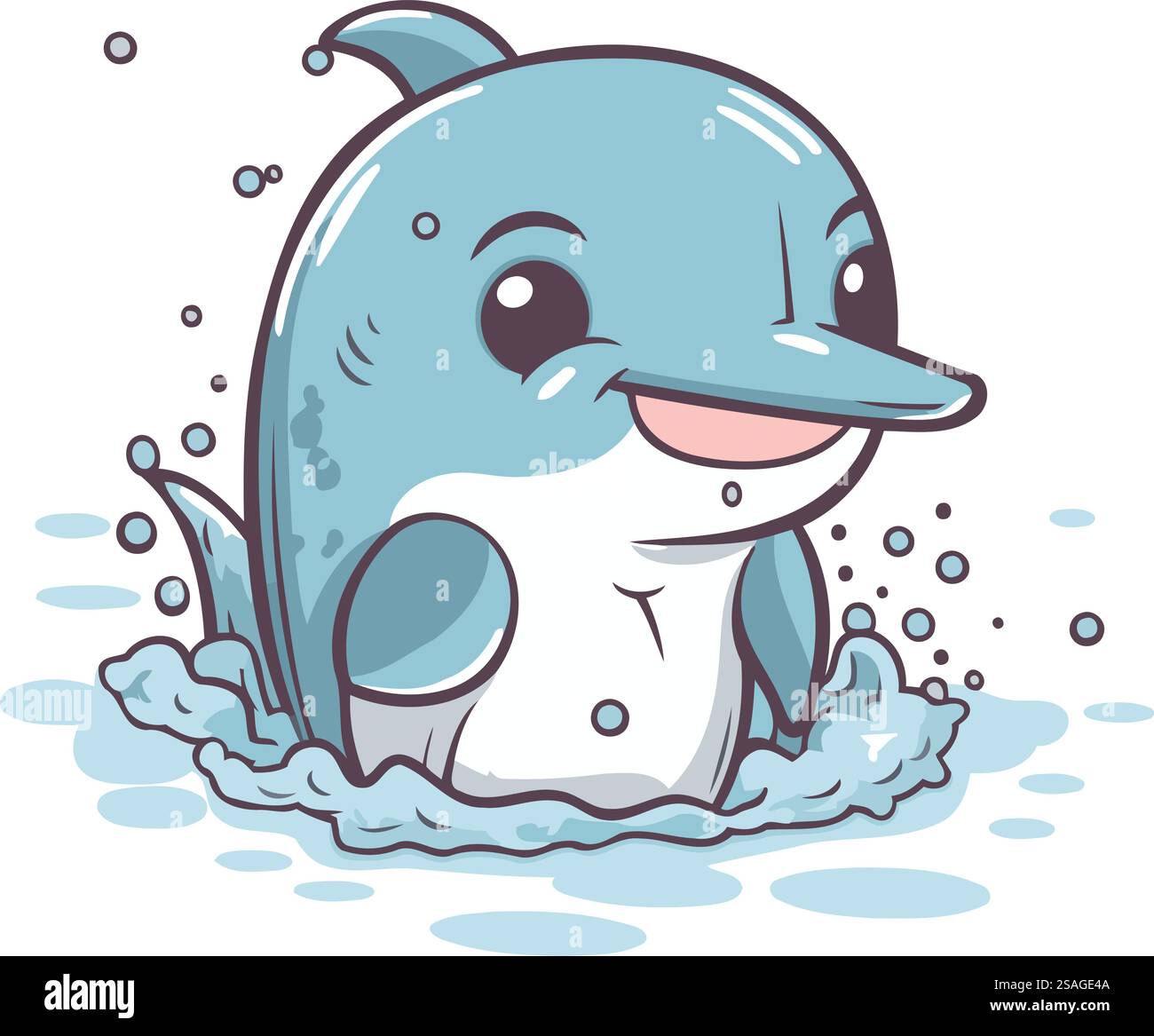 Illustration of a cute cartoon dolphin swimming in the sea. Vector ...