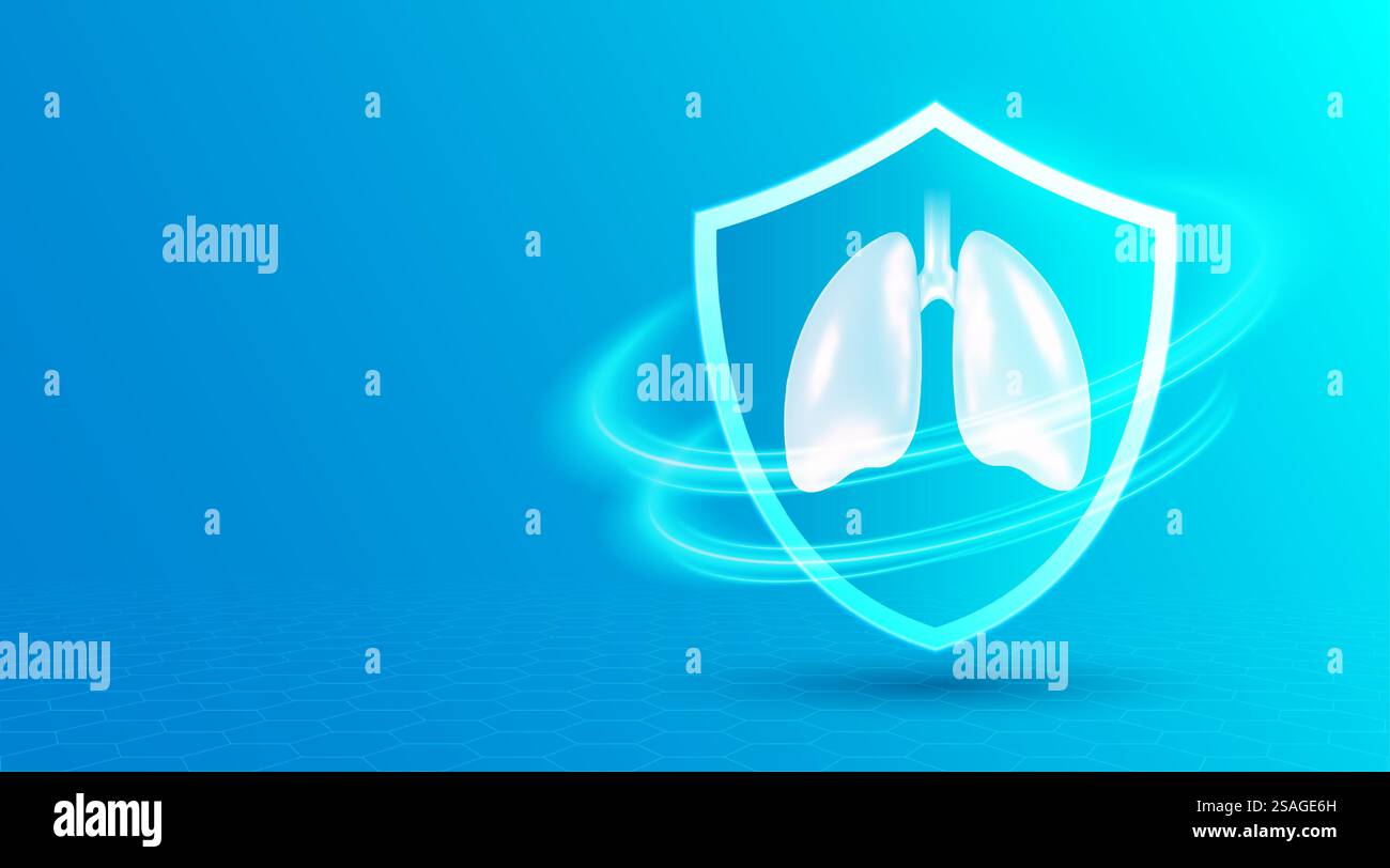 Symbol of lung health protection in a radiant shield. Clean air and ...