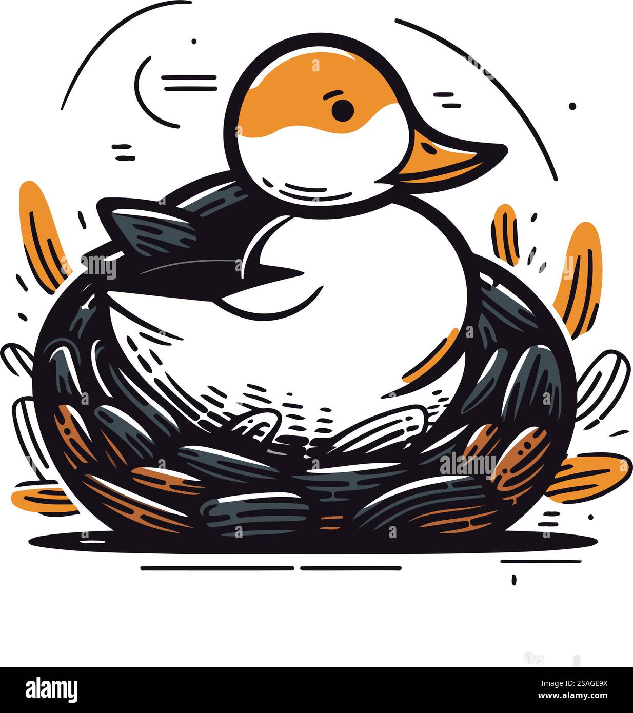 Duck in the nest. Hand drawn vector illustration isolated on white ...