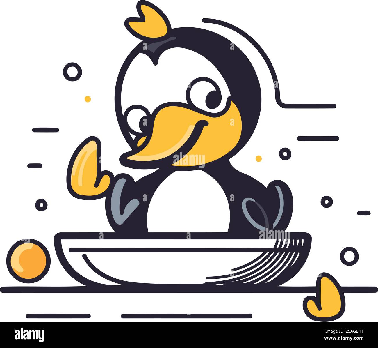 Cute penguin sitting on the plate. Vector linear illustration Stock ...