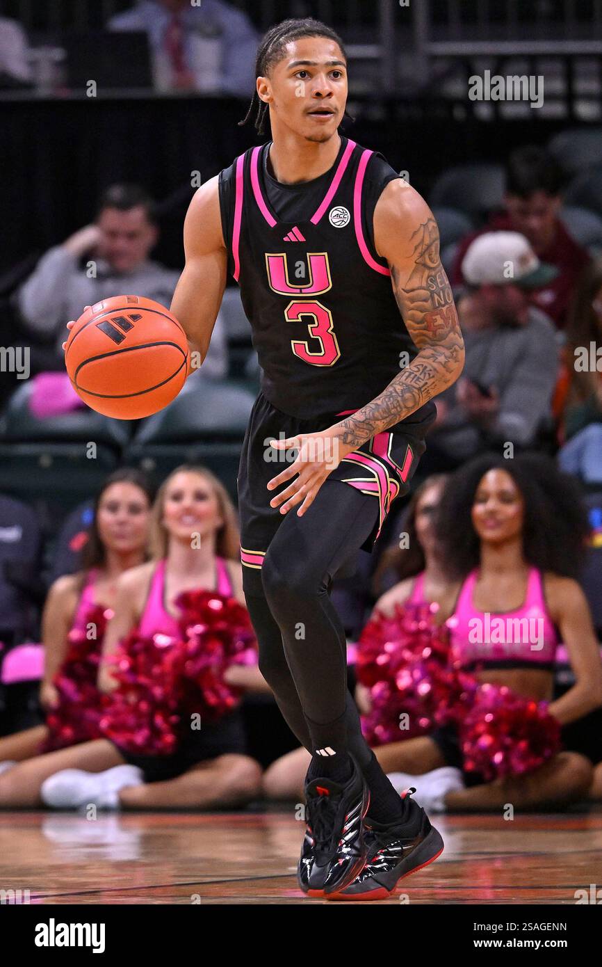 CORAL GABLES, FL - JANUARY 29: Miami guard Jalil Bethea (3) brings the ...