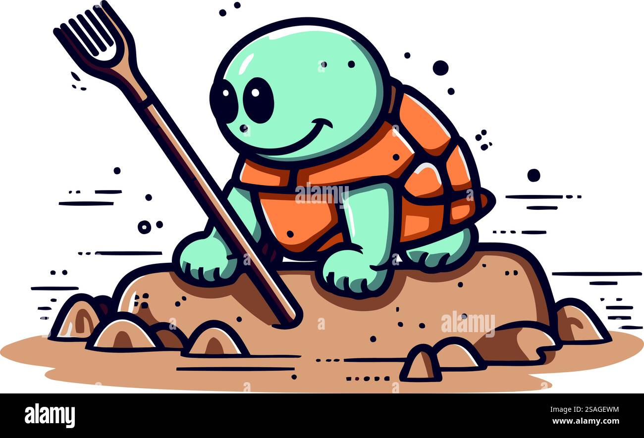 Cute turtle with a shovel in the sand. Vector illustration Stock Vector ...