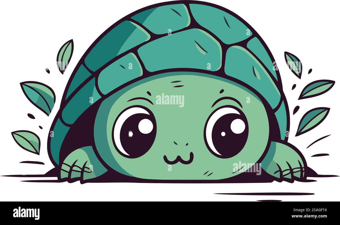 Cute cartoon turtle with green leaves. Vector illustration isolated on ...