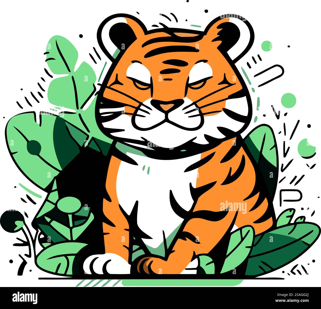 Cute tiger with leaves. Vector illustration in doodle style Stock ...