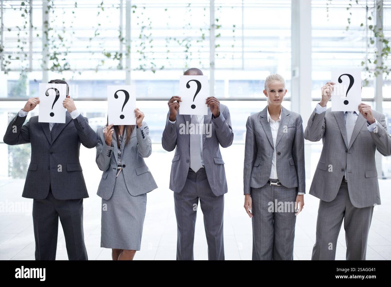 Business, portrait and woman with question mark poster for recruitment ...