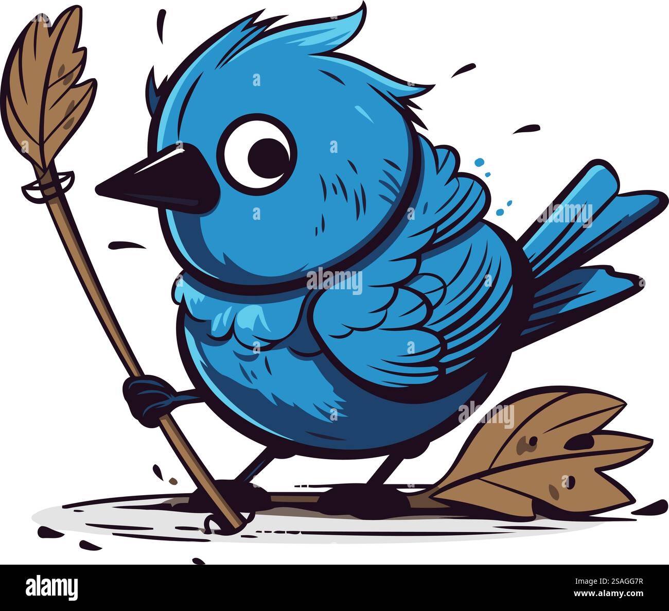 Cute cartoon blue bird with a broom on a white background Stock Vector ...