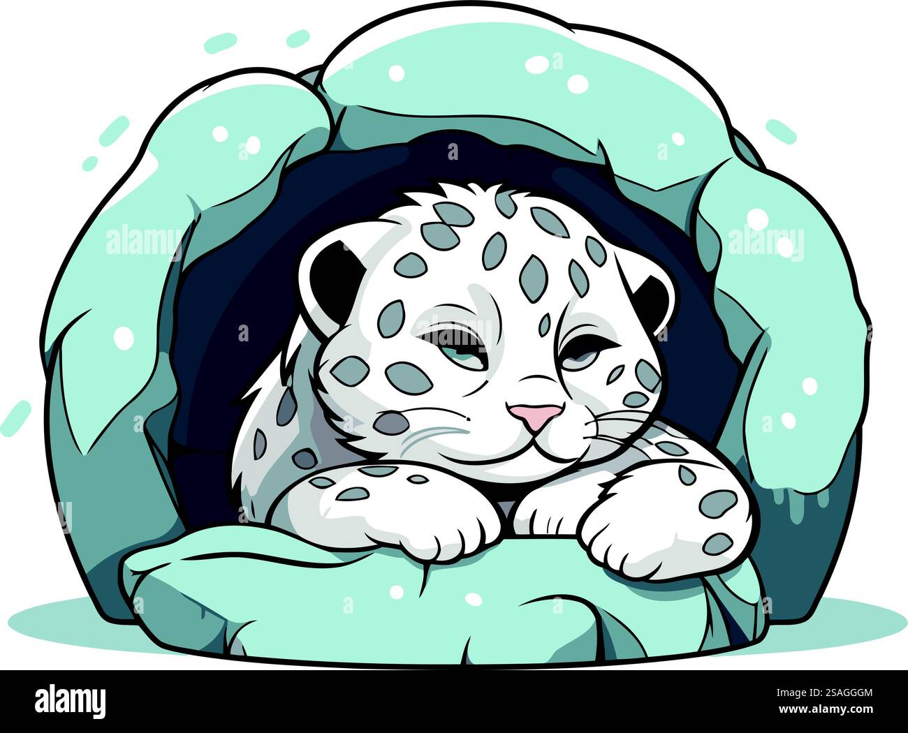 Cute cartoon snow leopard sleeping in a cat house. Vector illustration ...