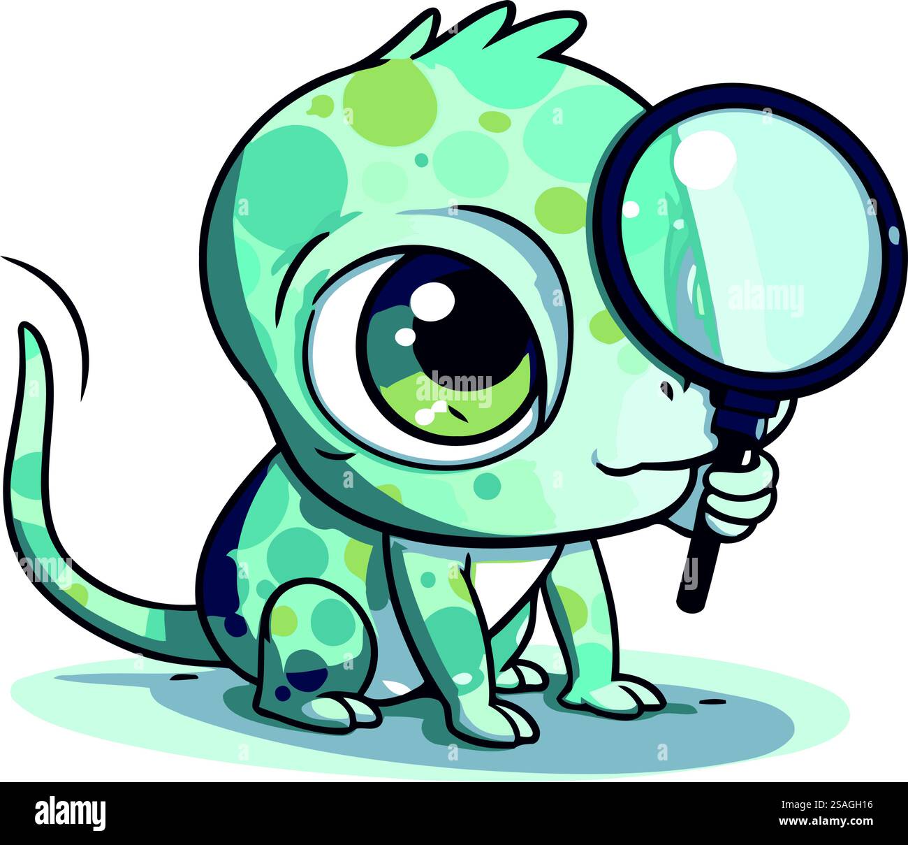 Cute little lizard with magnifying glass. Cartoon vector illustration ...