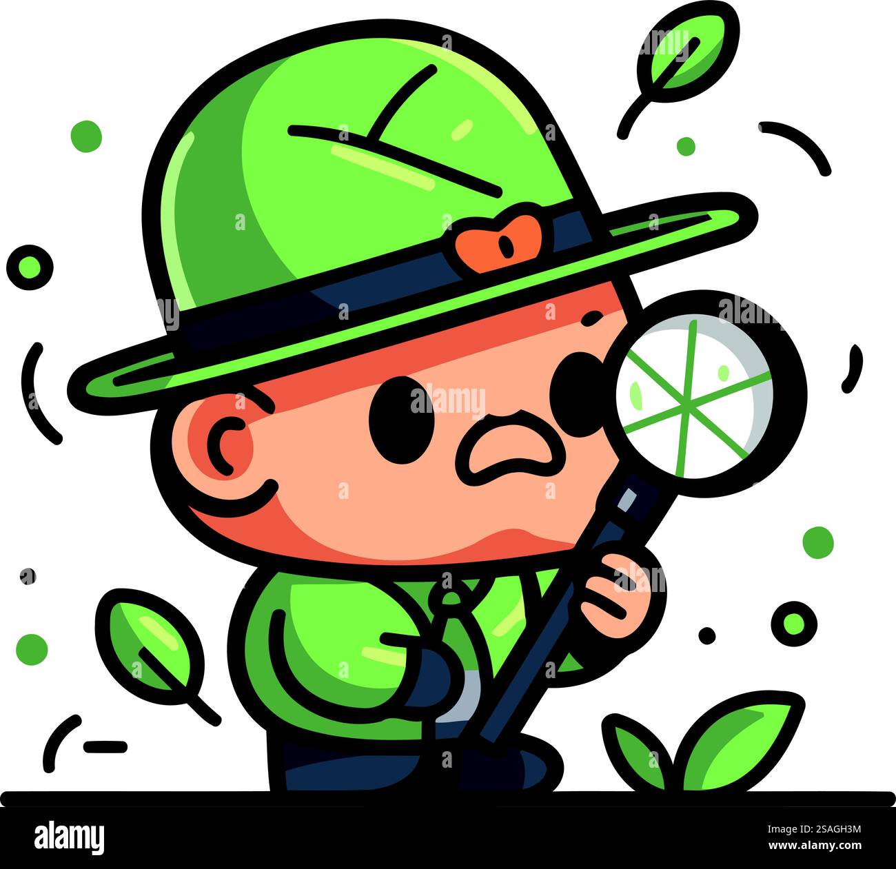 Cartoon boy detective with magnifying glass and leaves. Vector ...
