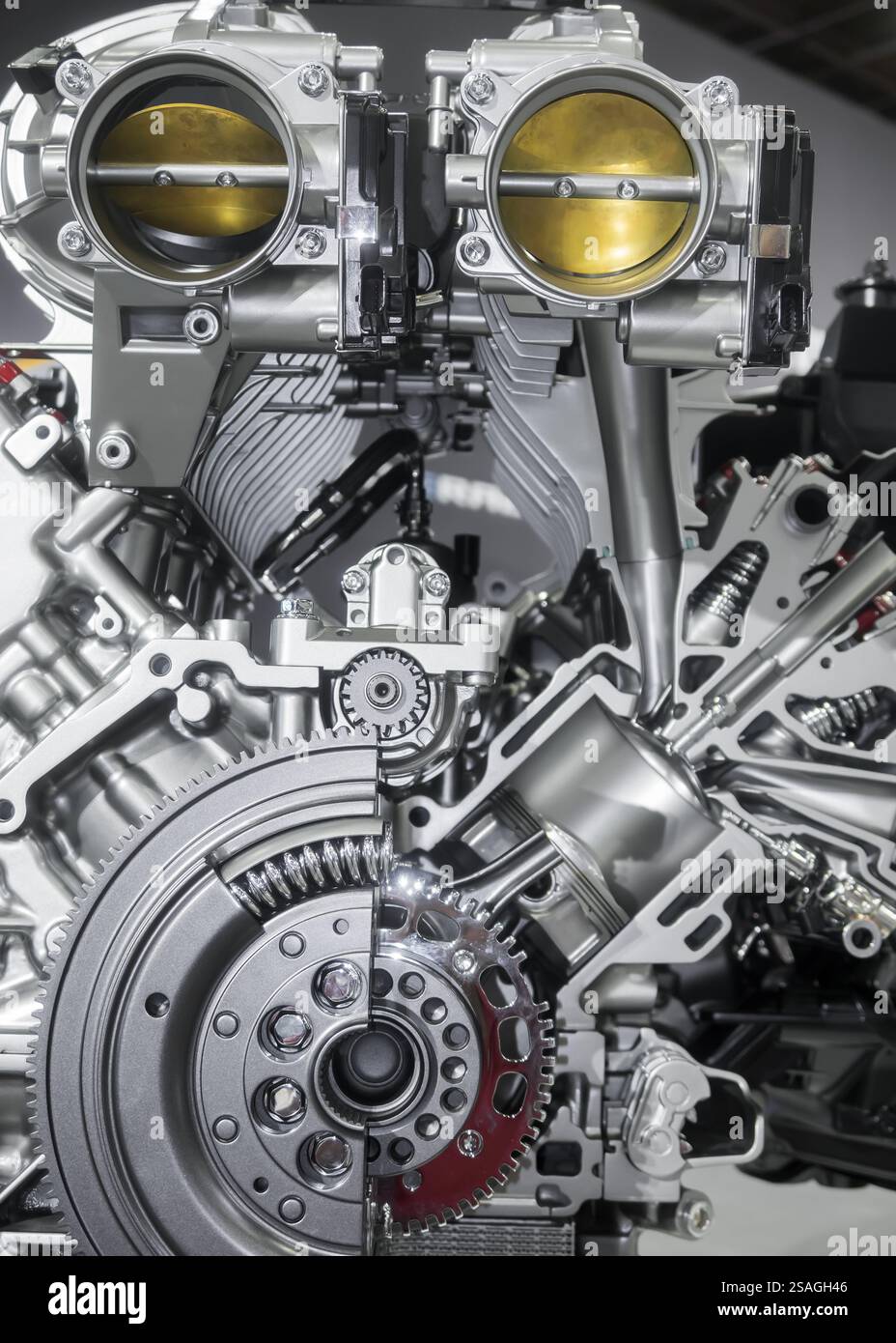 Close up view of shiny new automotive engine V4 Rear Throttle Body with ...