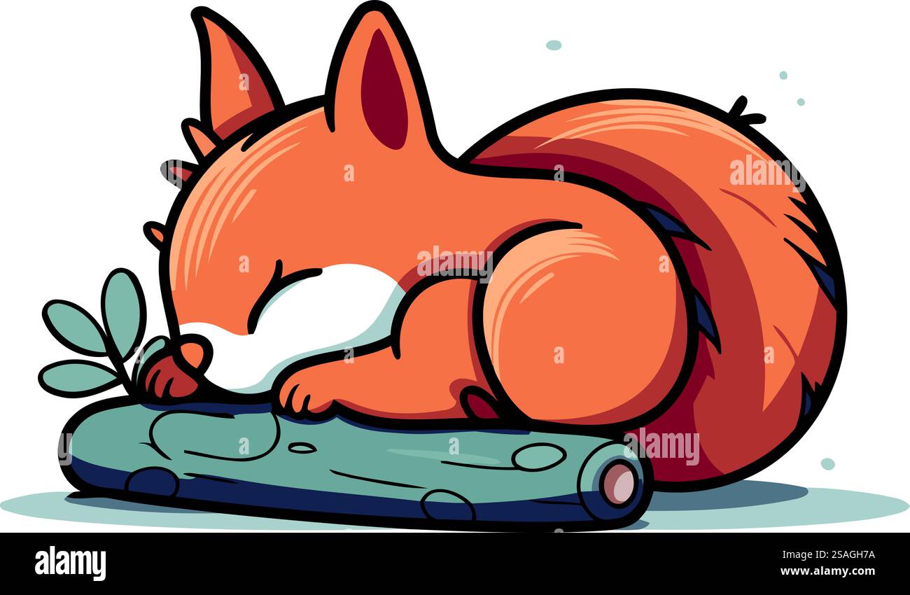 Cute cartoon squirrel sleeping on a log. Vector illustration isolated ...