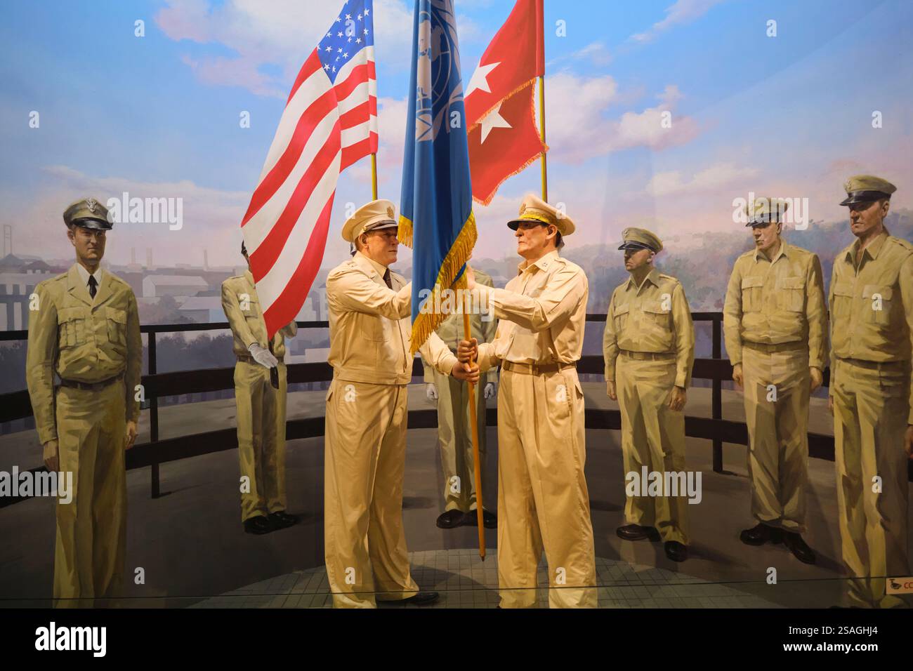 A diorama of General Collins presenting a United Nations flag to ...