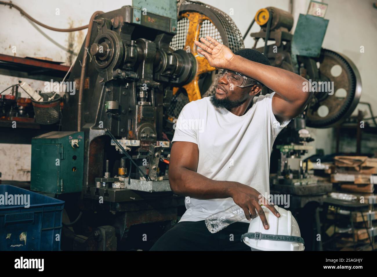 hot tired fatigue exhausted worker sweating brake from hard working in ...