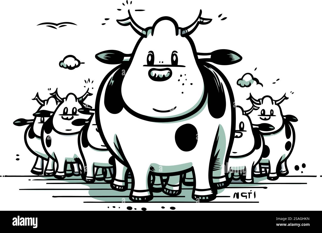 Cute cartoon cow with a herd of farm animals. Vector illustration Stock ...