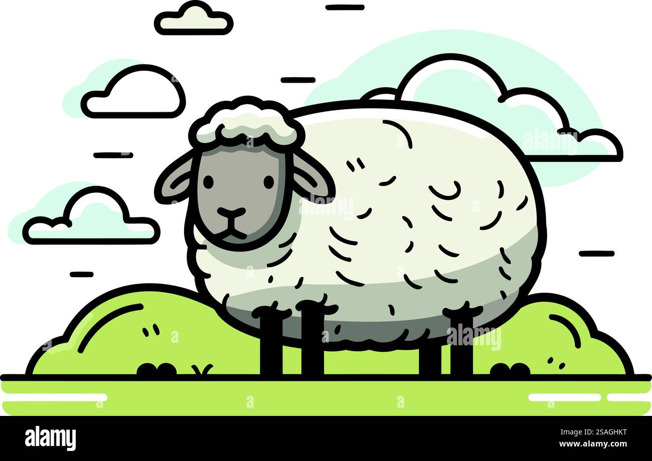 Sheep in the field. Vector illustration in flat linear style Stock ...