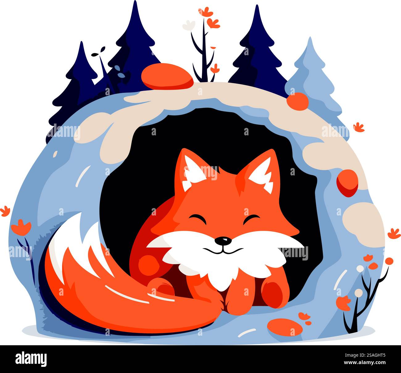 Cute fox in a cave. Vector illustration in cartoon style Stock Vector ...