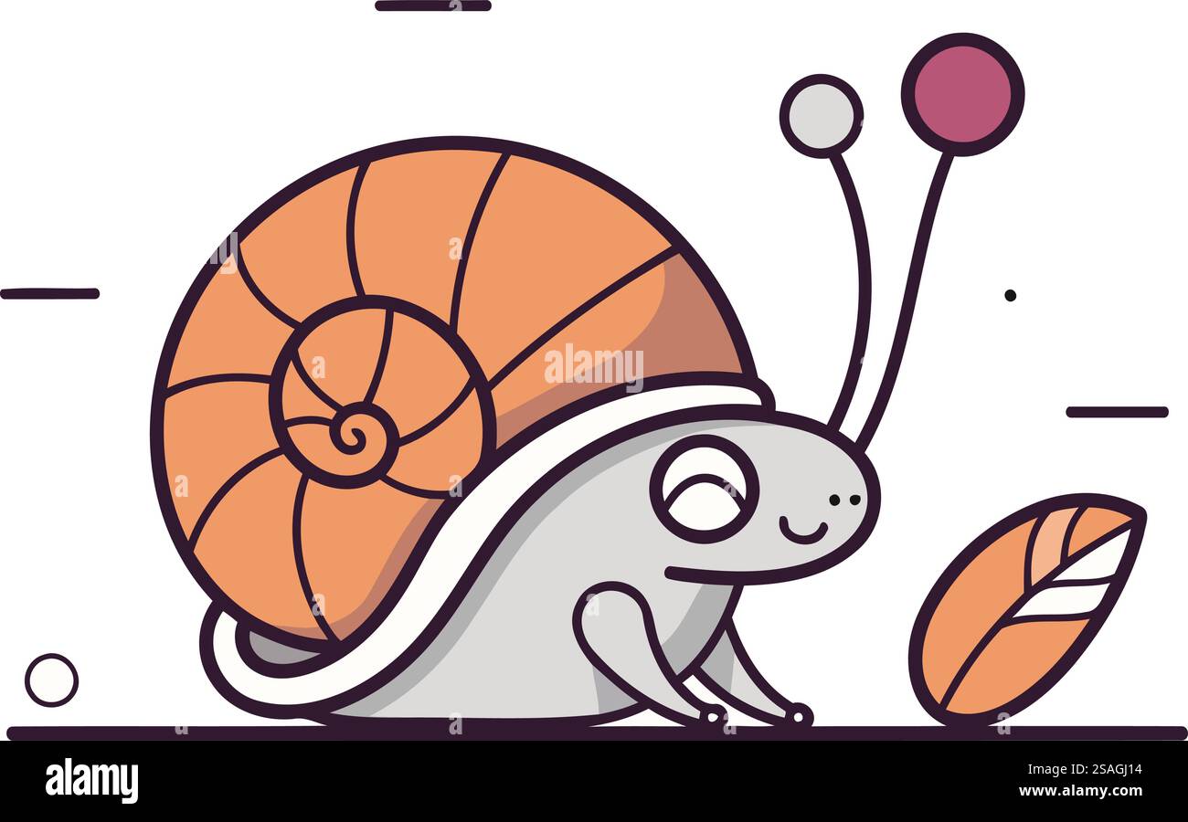 Cute snail with leaves. Vector illustration in thin line style Stock ...