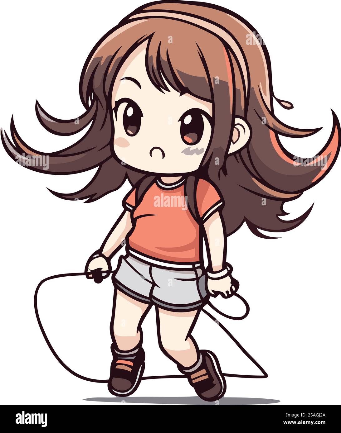 Cute little girl jumping with skipping rope. Vector cartoon ...