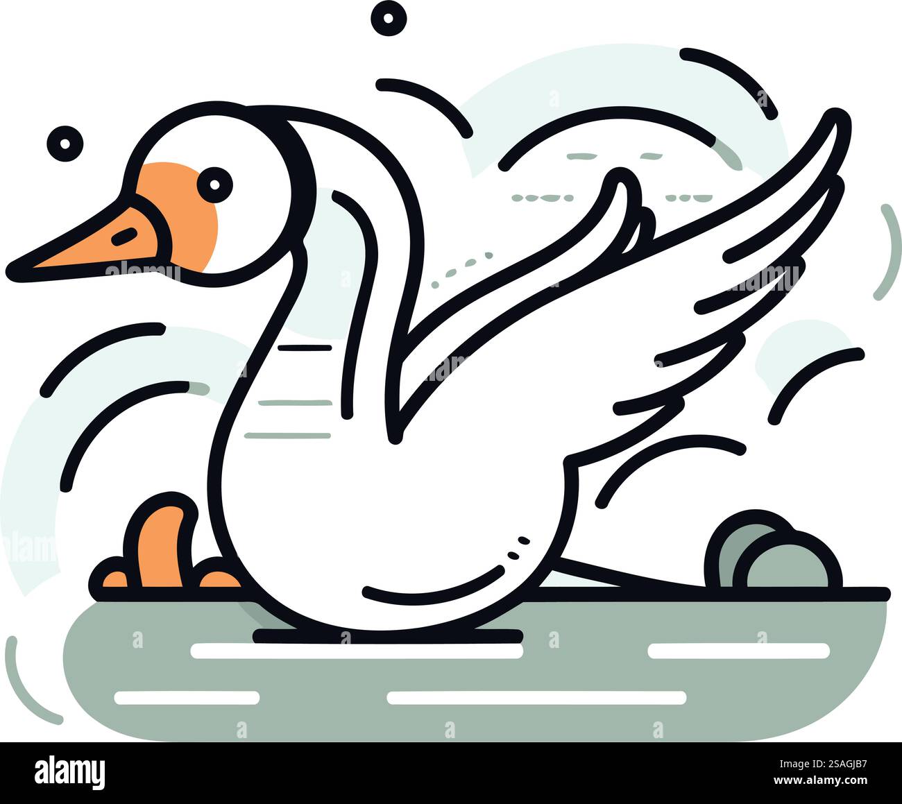 Vector illustration of a white goose swimming in the water. Linear ...