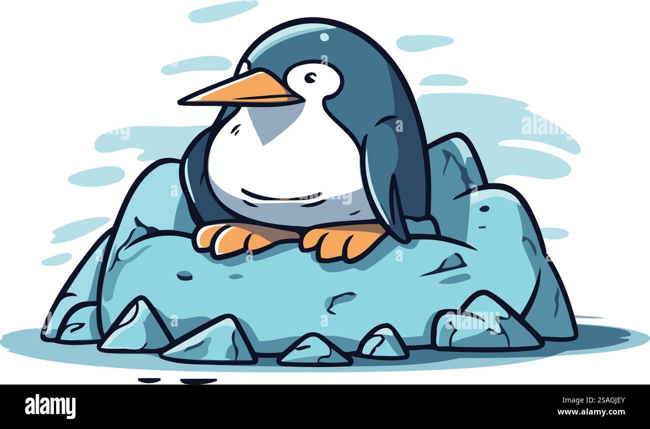 Cute cartoon penguin sitting on a rock. Vector illustration Stock ...