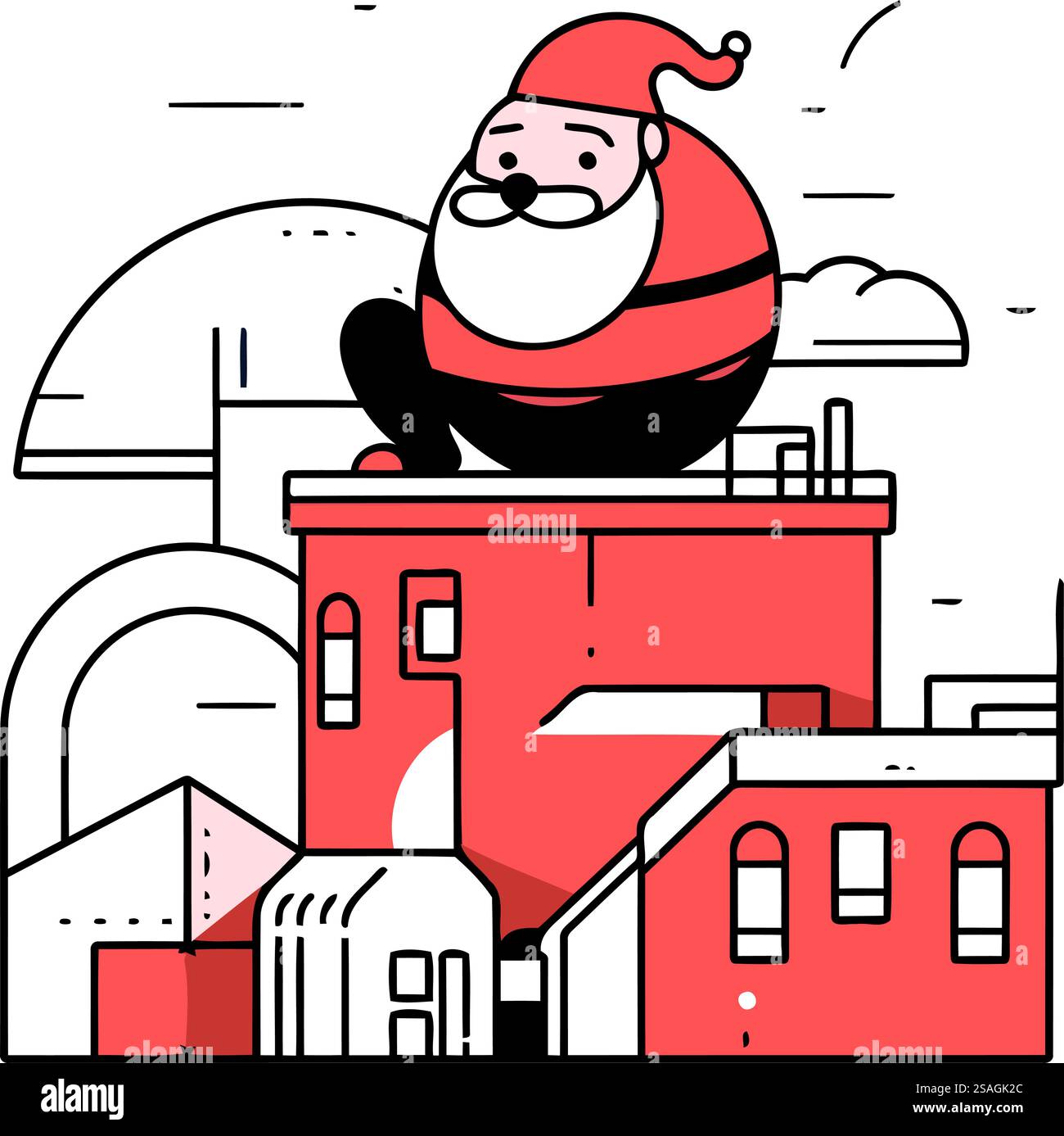 Santa Claus on the roof of a building. Vector illustration in thin line ...