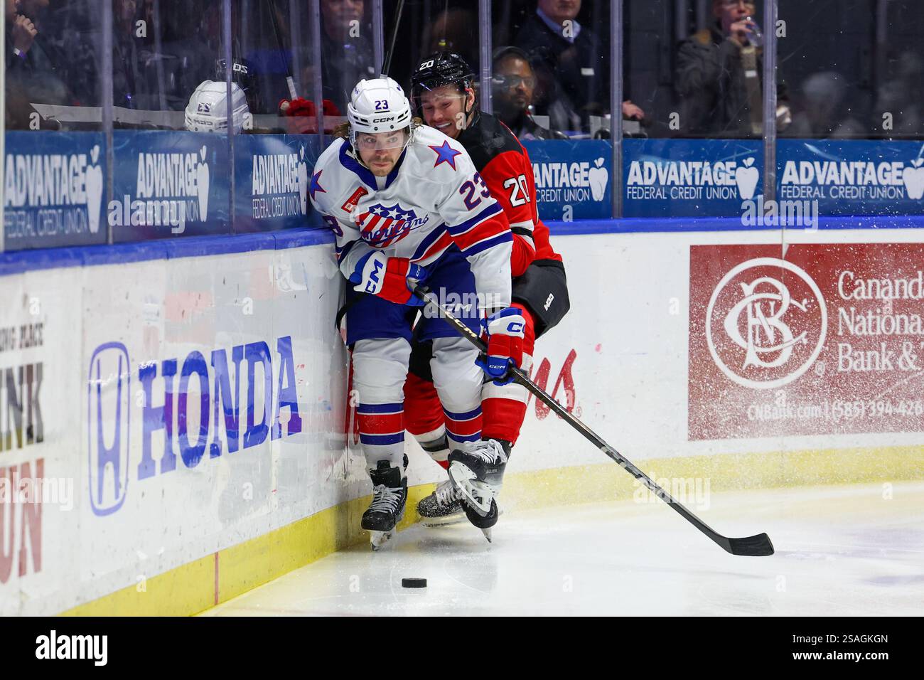 Rochester, New York, USA. 29th Jan, 2025. Rochester Americans defenseman Ryan Johnson (23 ...