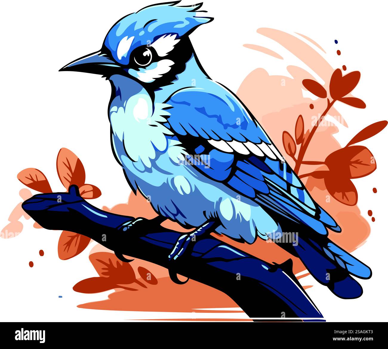 Blue jay bird sitting on a branch with leaves. Vector illustration ...