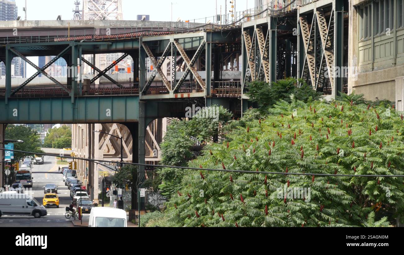 New York City, United States - 2 Sept 2023: Elevated subway over city ...