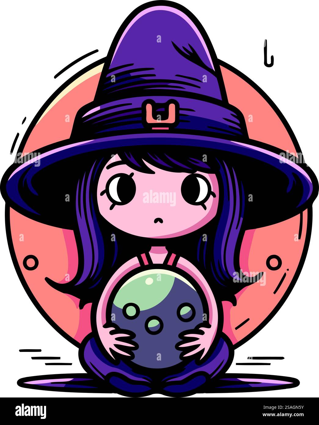 Cute little witch girl with a magic ball. Vector illustration Stock ...