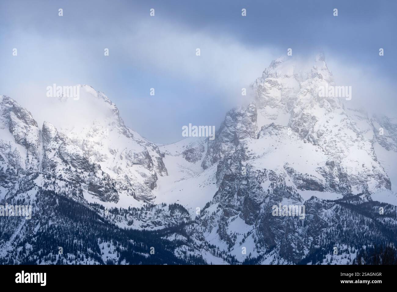 USA, Wyoming, Grand Teton National Park. Spring snowstorm over Teton ...