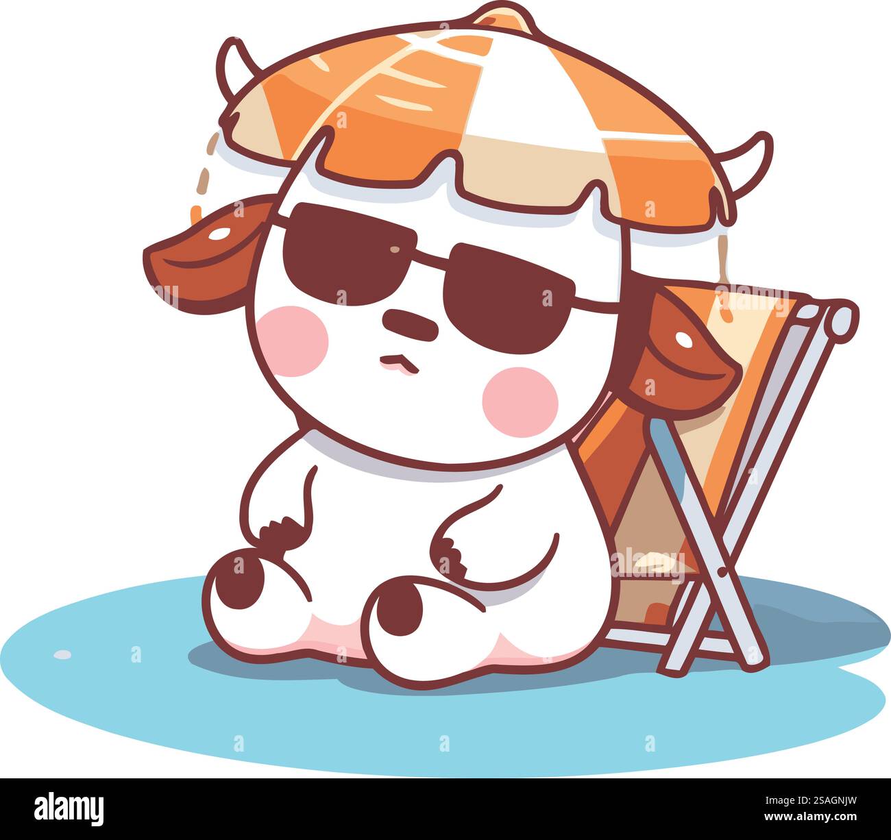 Cute cartoon cow in sunglasses sitting on the beach. Vector ...