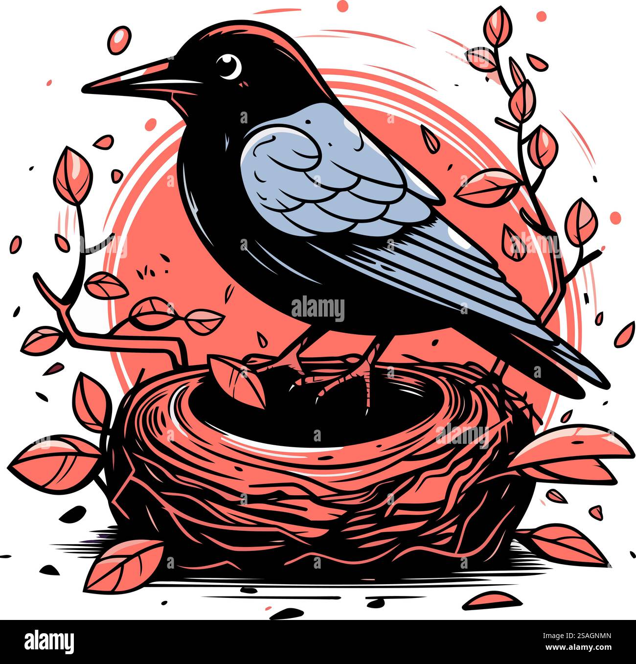 Crow sitting in the nest. Vector illustration in vintage style Stock ...