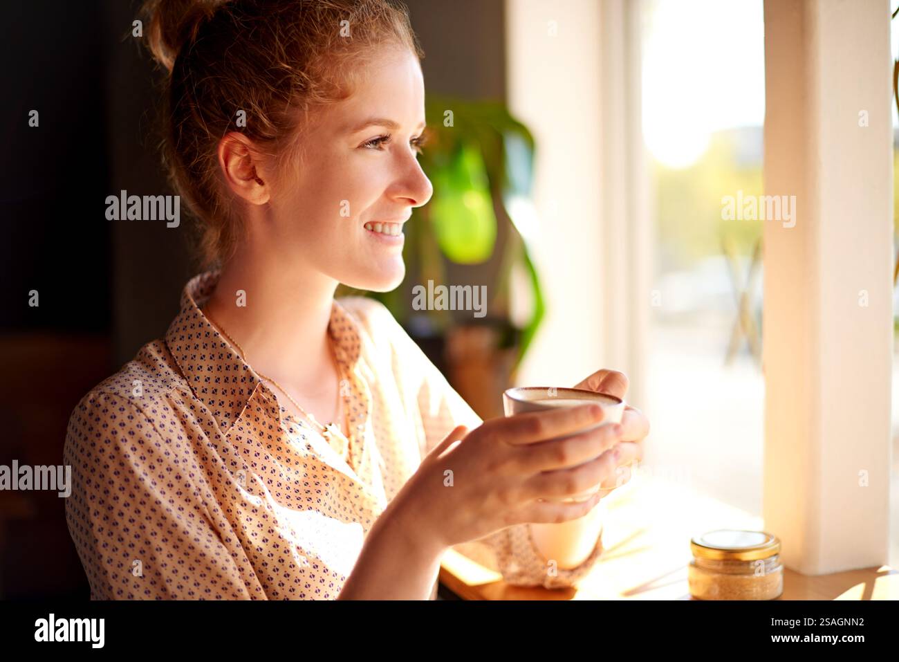 Thinking, coffee and woman in cafe, smile and start day with espresso ...