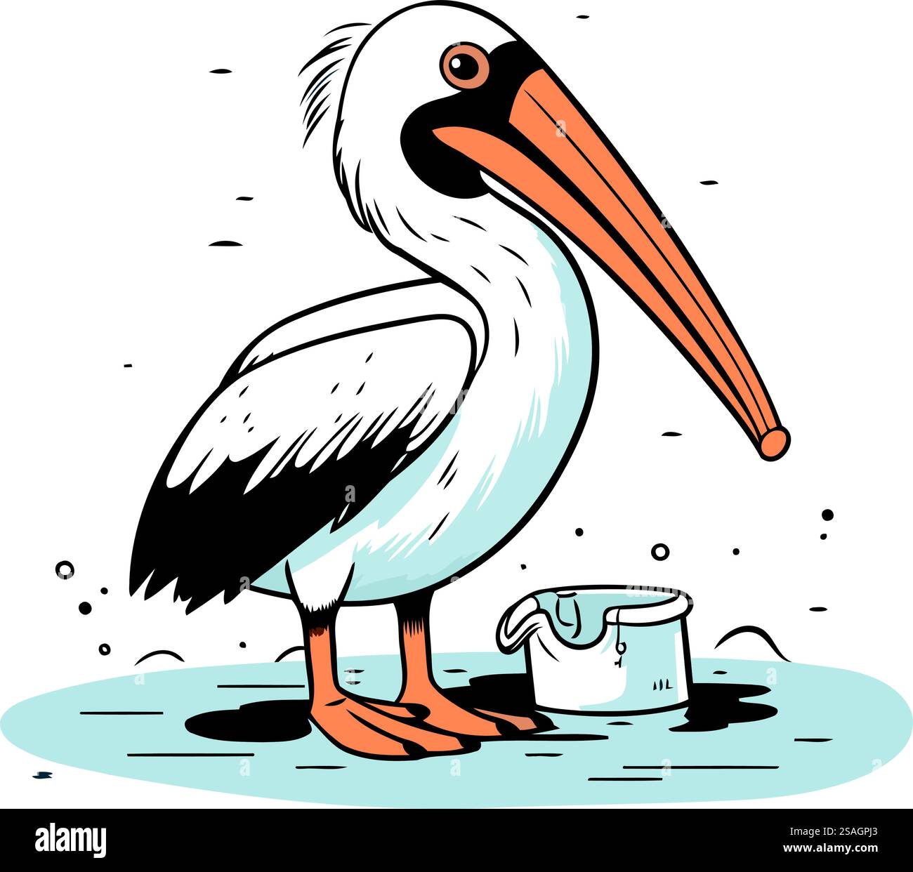 Pelican with a bucket of water. Hand drawn vector illustration Stock ...