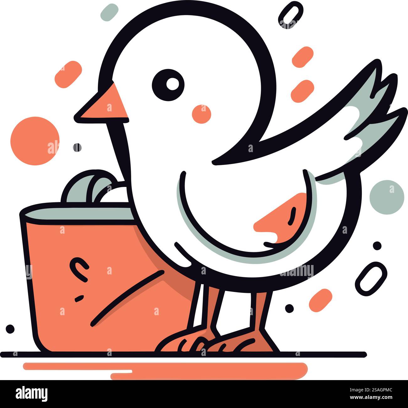 Cute bird with bucket. Vector illustration in line art style Stock ...