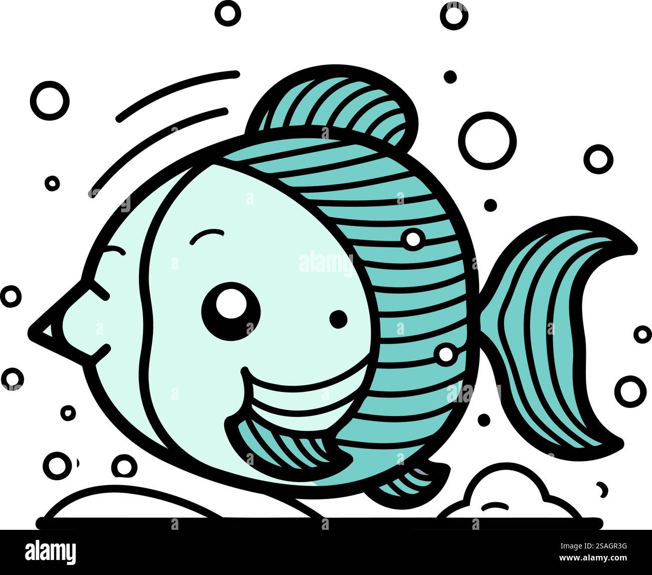 Cute cartoon fish with waves and bubbles. Vector illustration in linear ...