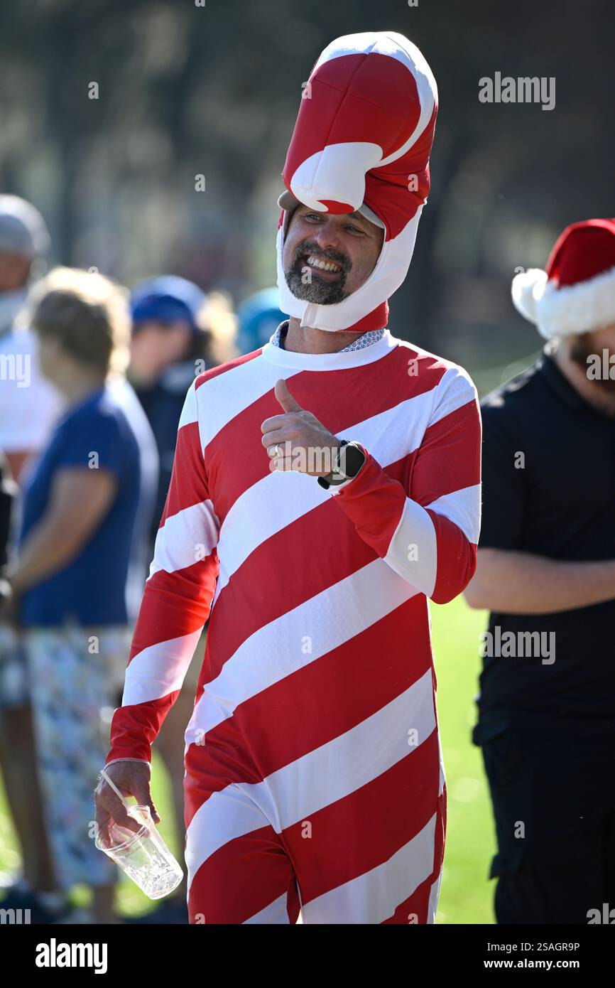 A spectator dressed in a candy cane costume looks on at the 18th tee ...