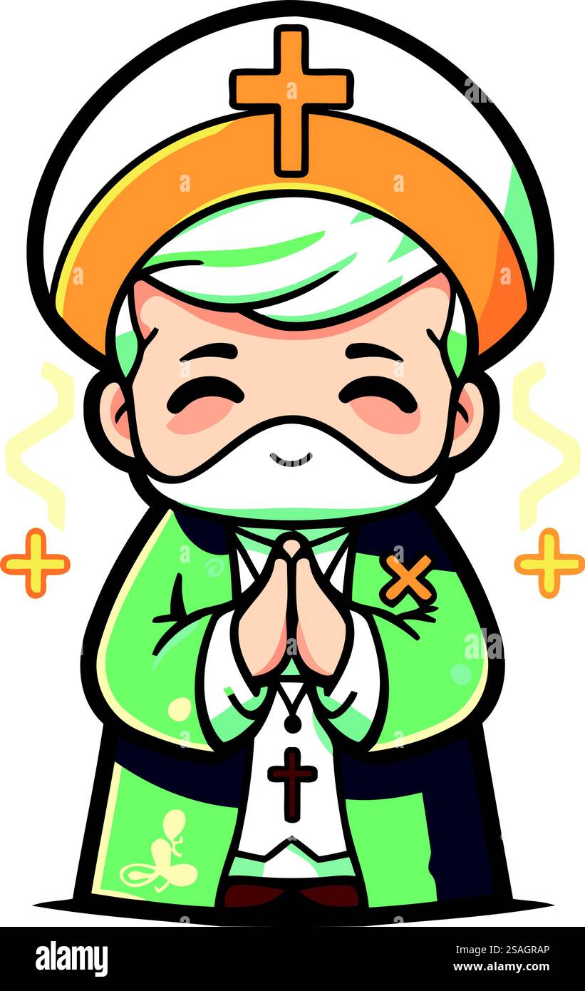 Cute cartoon christian priest praying. Vector illustration. Isolated on ...