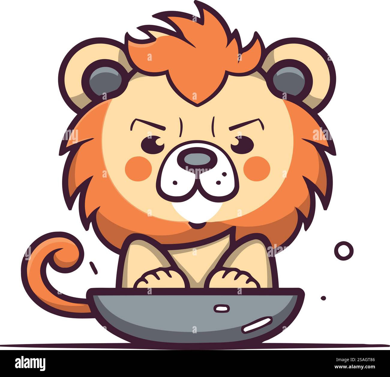 Cute cartoon lion sitting on a plate and eating. Vector illustration ...
