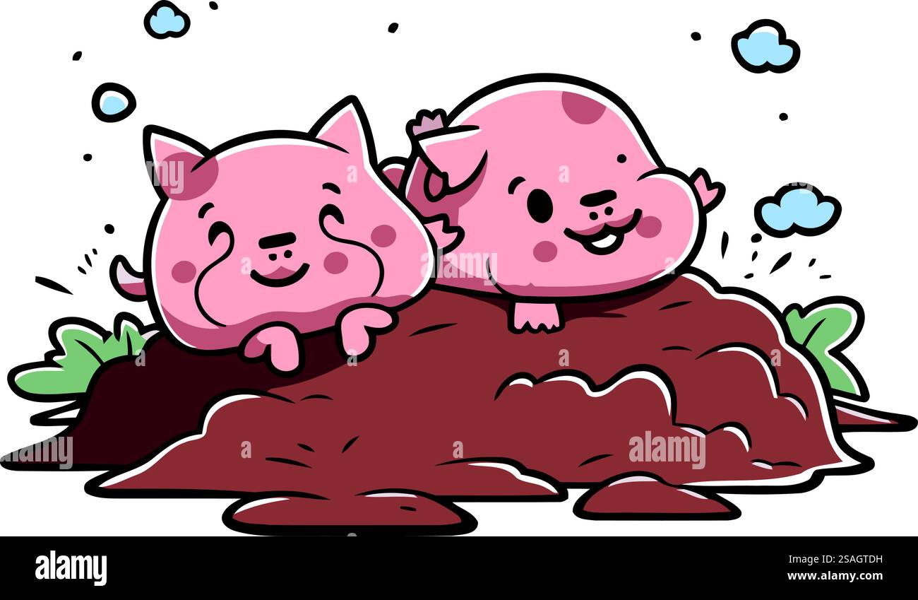 Cute piglet couple sitting on rock. Vector illustration in doodle style ...