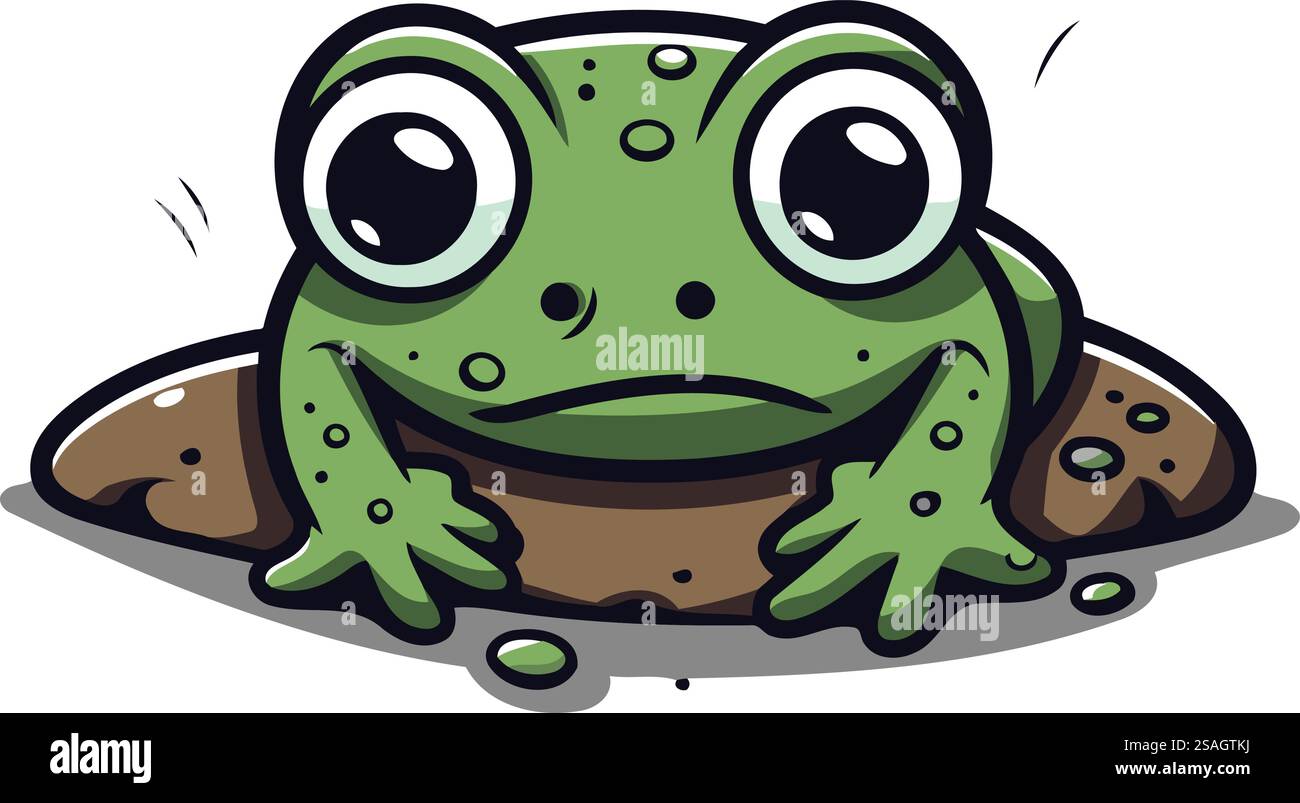 Cute cartoon frog sitting on a stone. Vector illustration isolated on ...