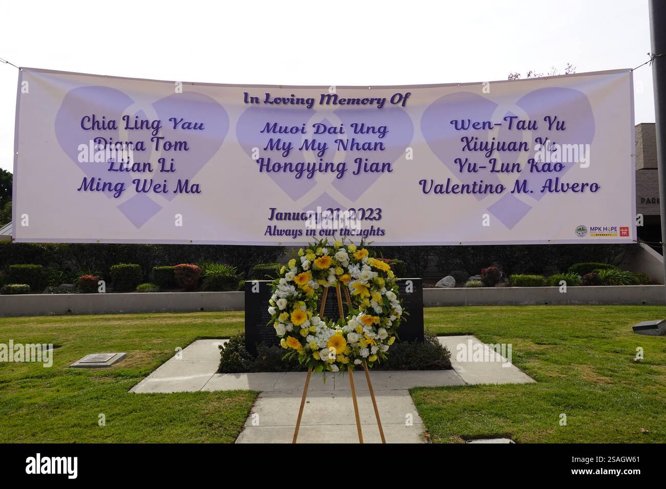 A banner recognizing the two-year anniversary of the mass shooting at ...